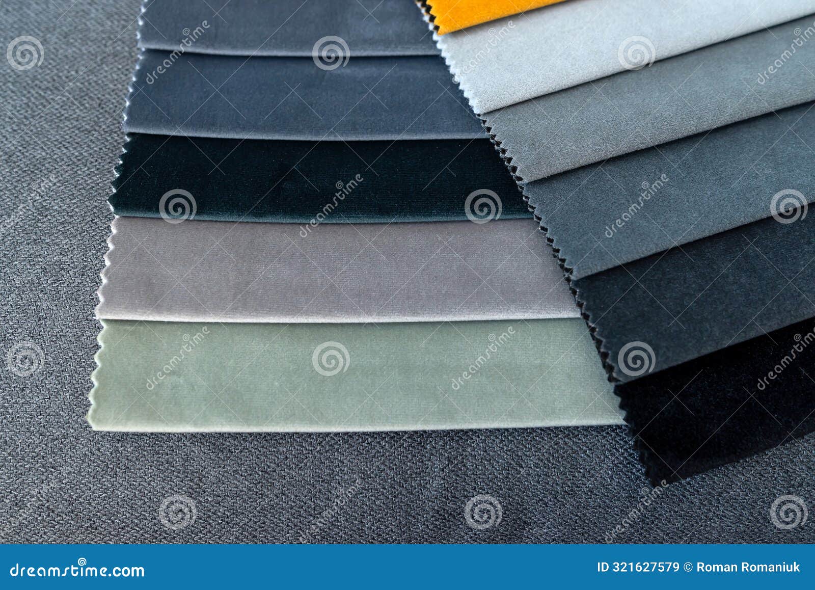 Upholstery Fabric Samples on Grey Sofa, Concept of Renovation Stock ...