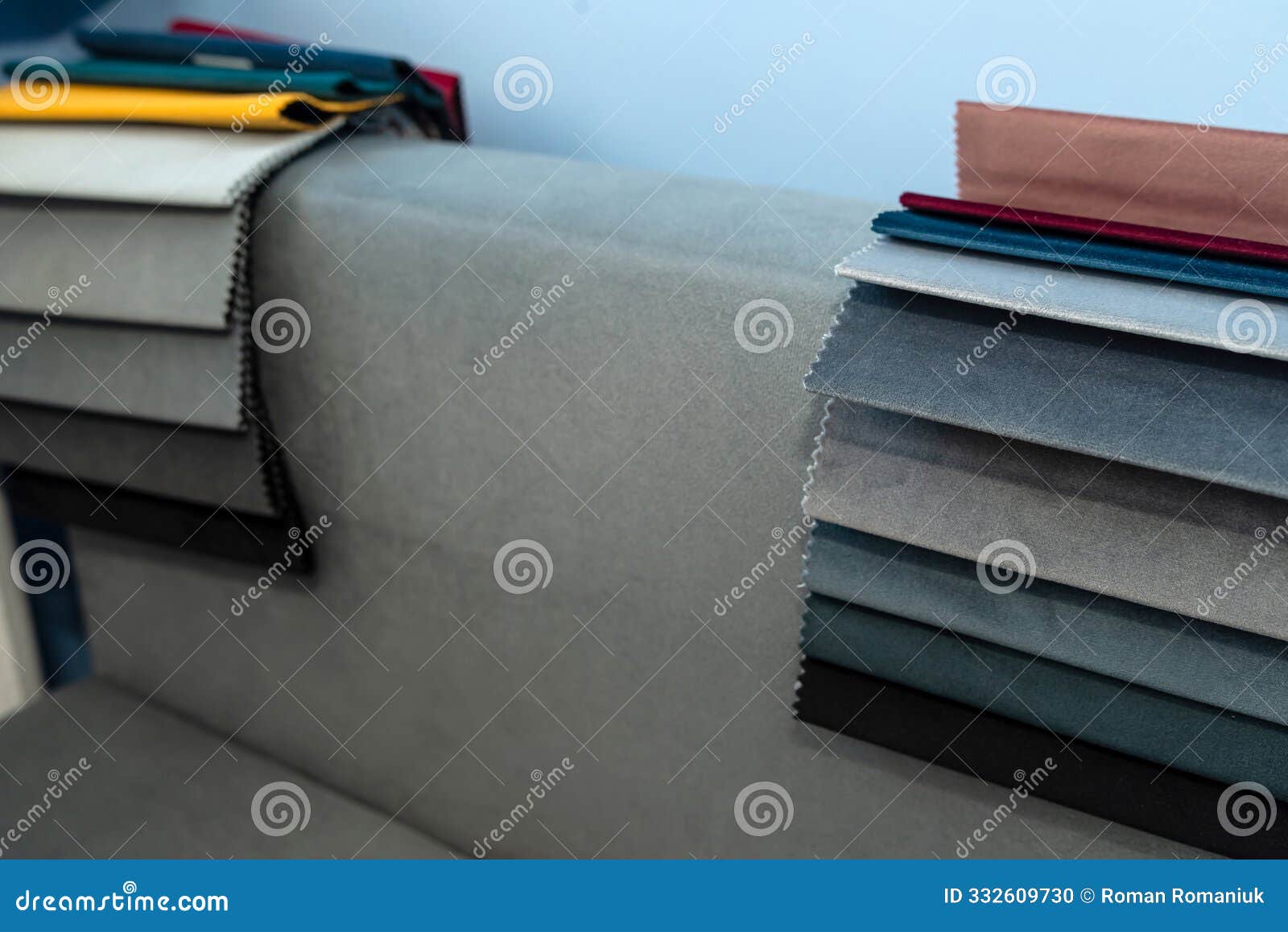 Upholstery Fabric Samples on Grey Sofa, Concept of Renovation Stock ...