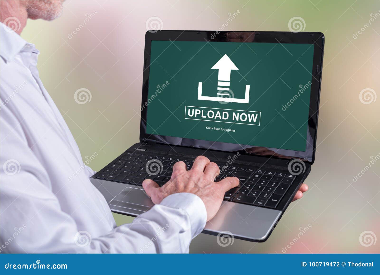 Upload concept on a laptop stock photo. Image of network - 100719472