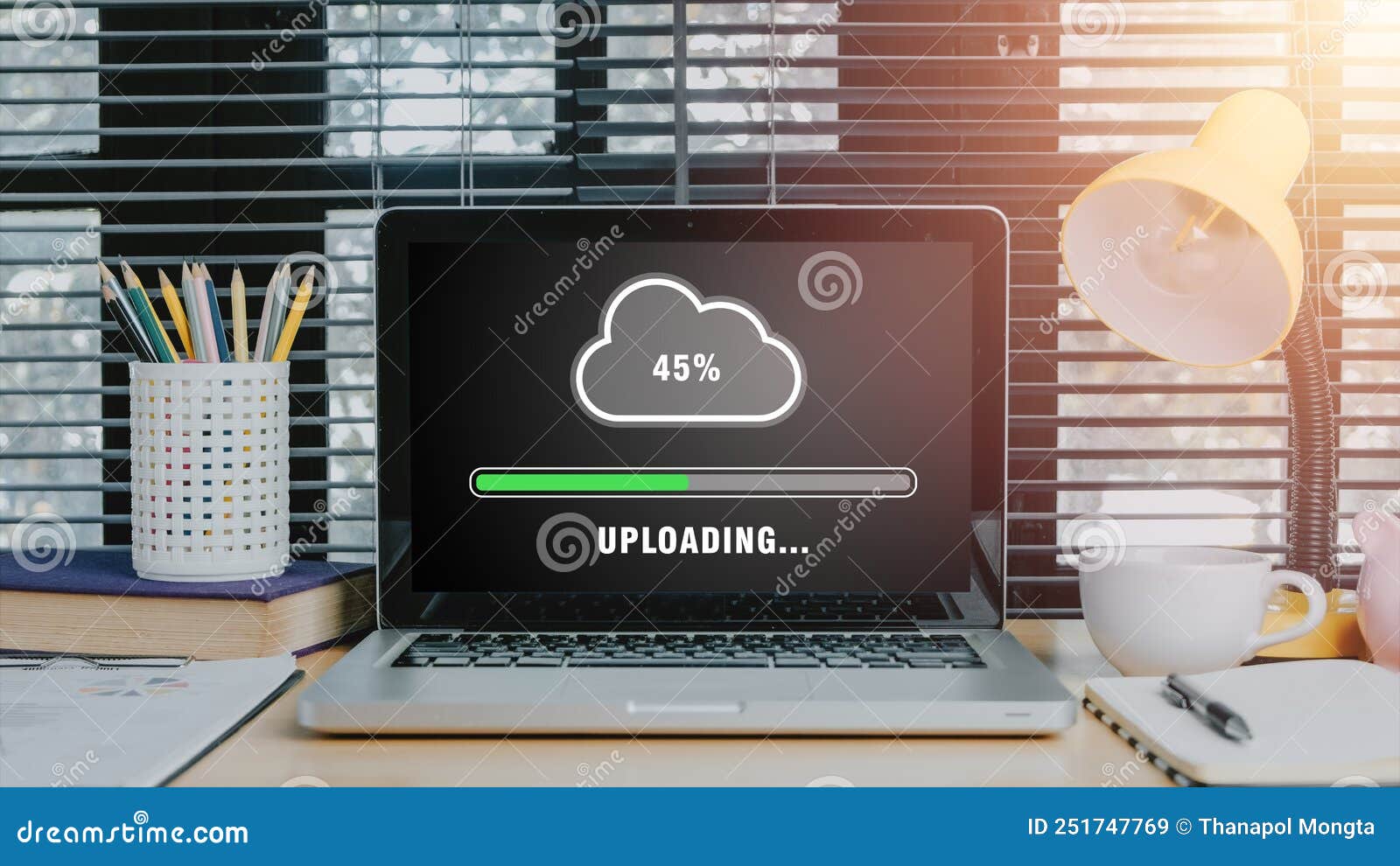 Upload Data Concept, Laptop Computer on Office Desk Waiting for Cloud ...
