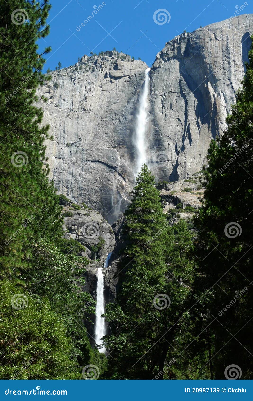 Upper and Lower Yosemite Falls Stock Image - Image of sunny, forest ...