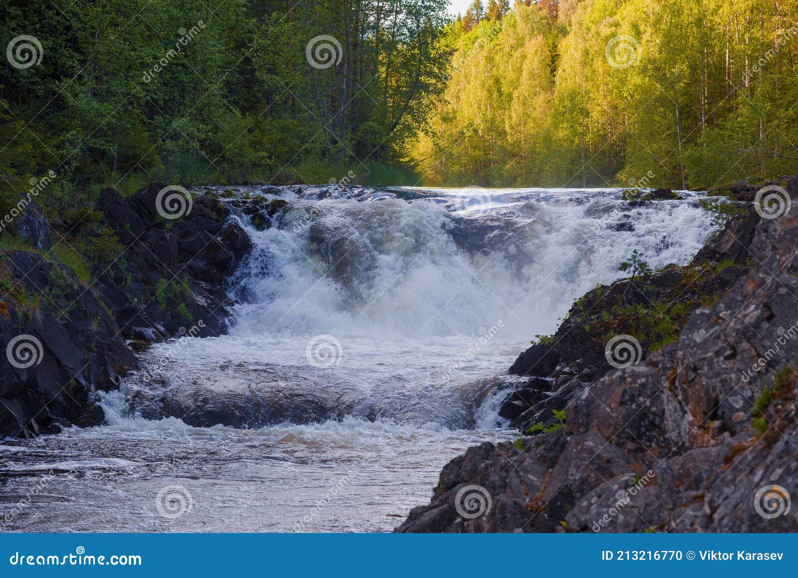 The Upper Threshold of the Kivach Waterfall, Evening. Karelia Stock Photo - Image of water ...