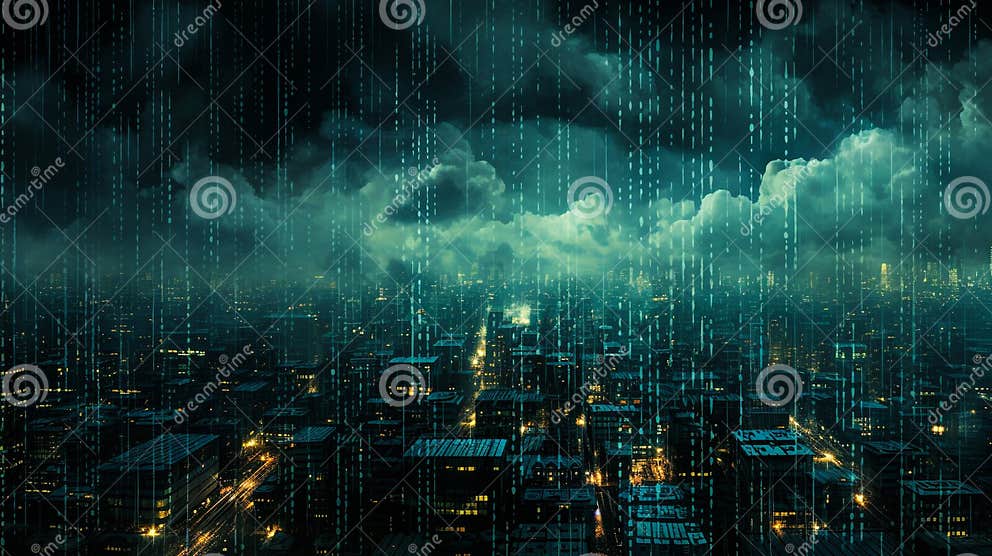 Upper View of City and Clouds with Raining Codes Background Generative ...