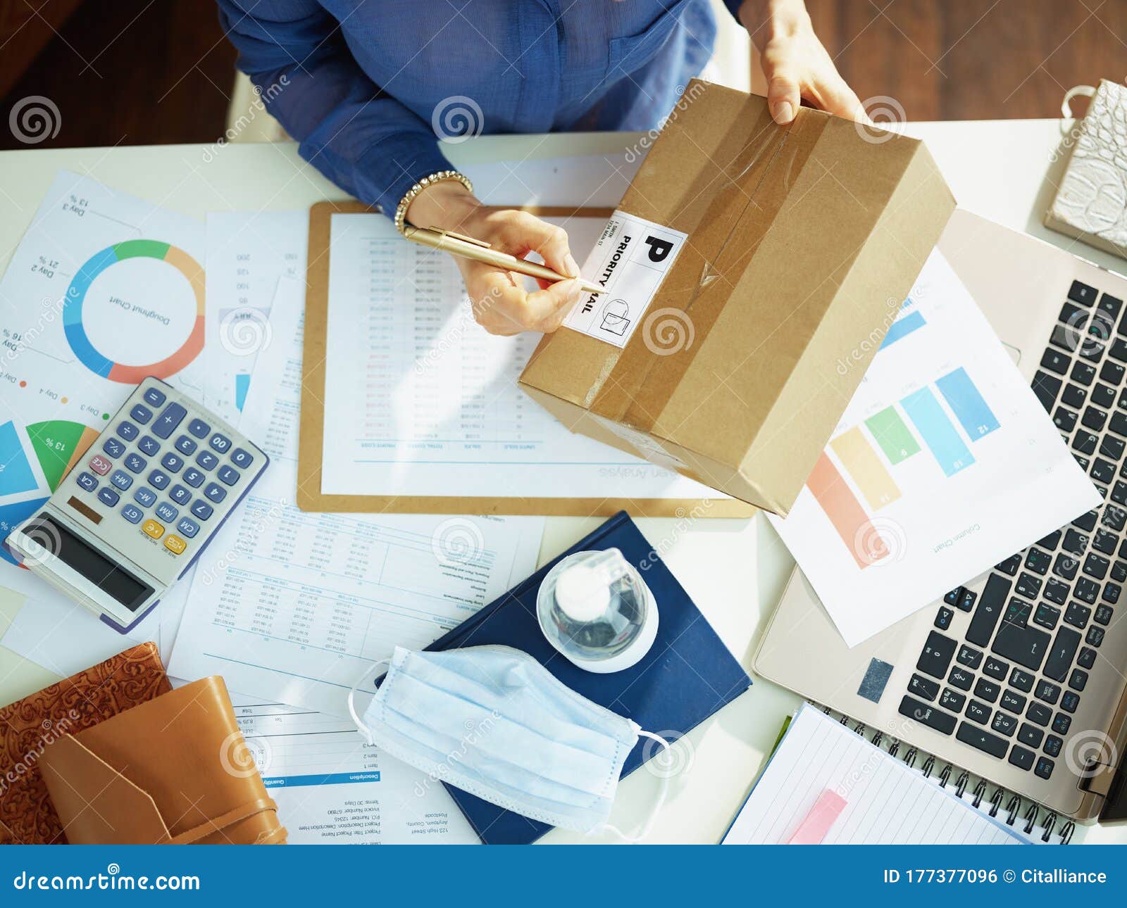 Upper View of Female with Parcel at Table Stock Photo - Image of ...