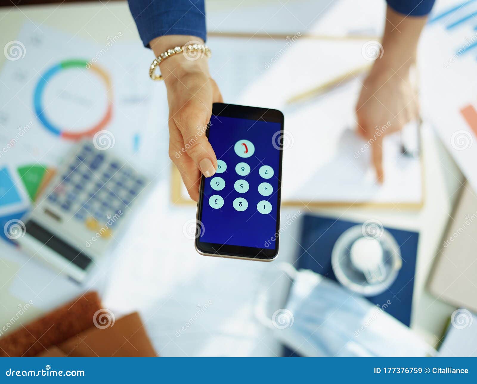 Upper View of Female at Table Using Smartphone Stock Image - Image of ...