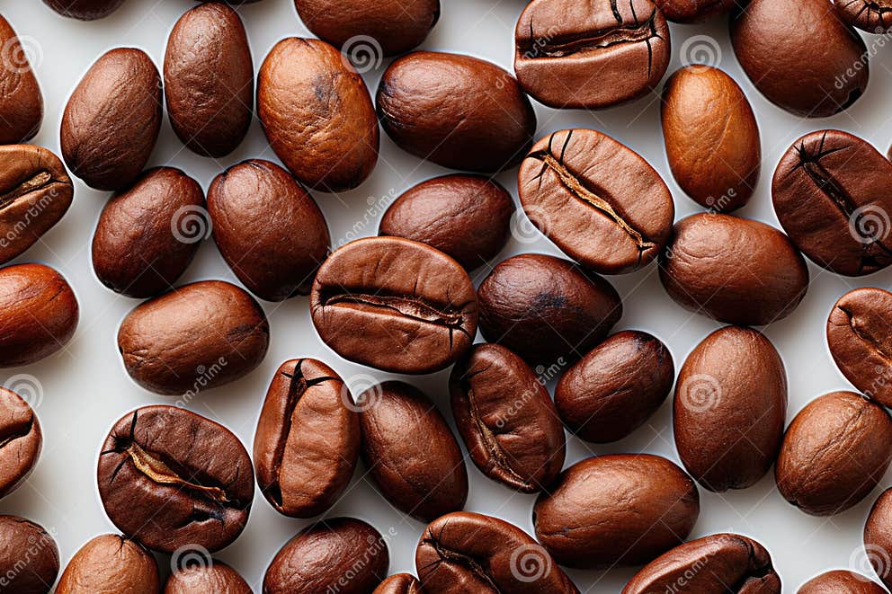 Upper View of Isolated Fresh Coffee Beans on a White Background Wi ...