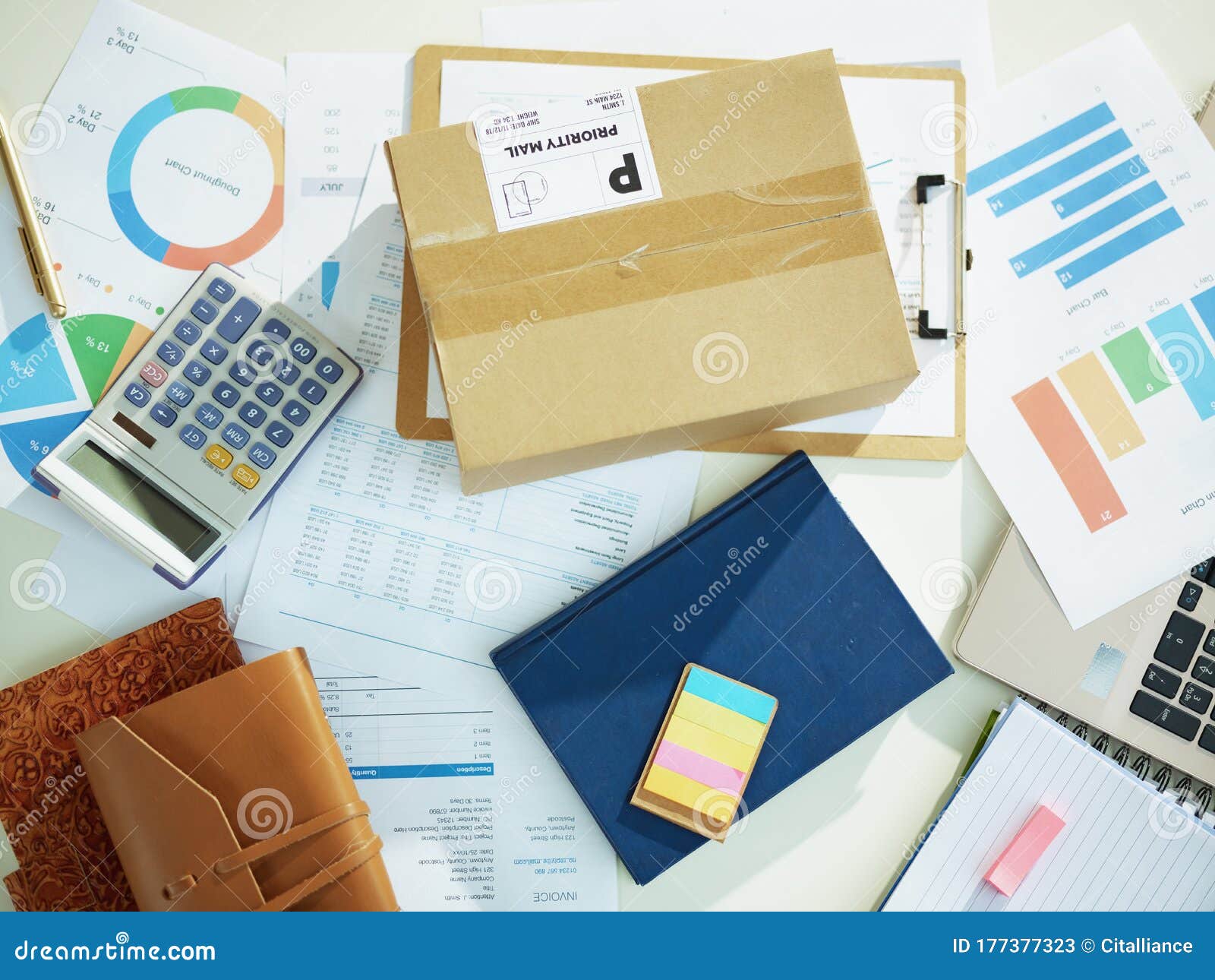 Upper View of Parcel on Desk with Documents at Table Stock Image ...