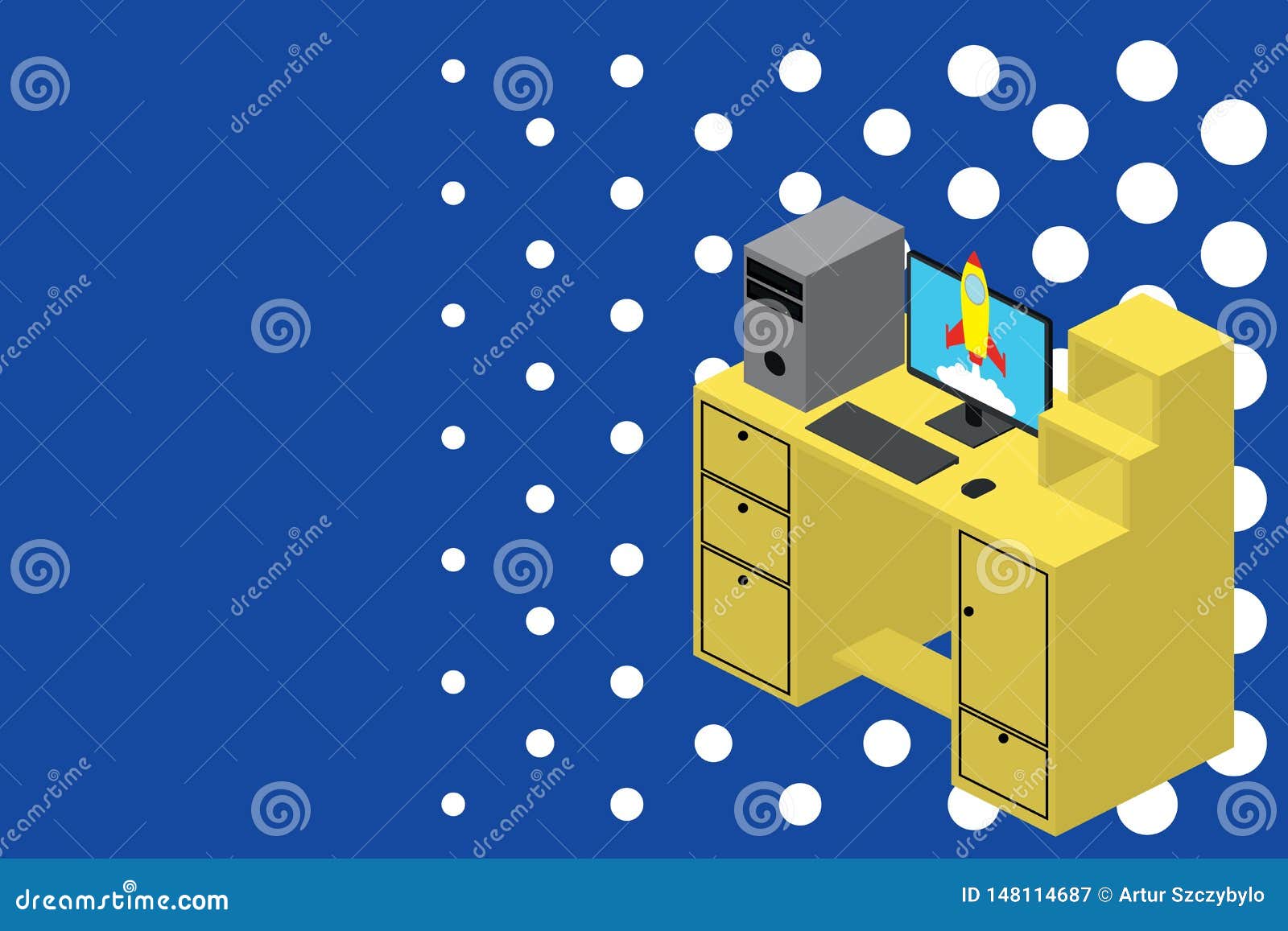Upper View Wooden Working Desktop Station Five Drawers Personal ...