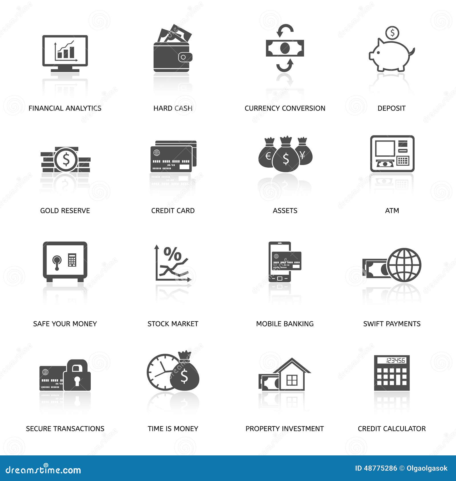 Uppsättning Av Finans- Och Pengarsymboler Vektor Illustrationer ...