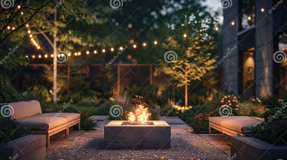An Upscale Backyard with a Lit Fire Pit at Dusk Stock Photo - Image of ...