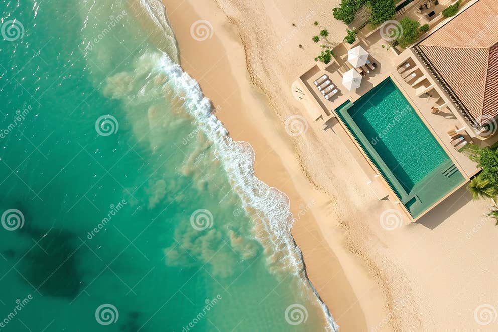 Upscale Beachfront Home with Pool, Overhead Ocean View. Stock Photo ...