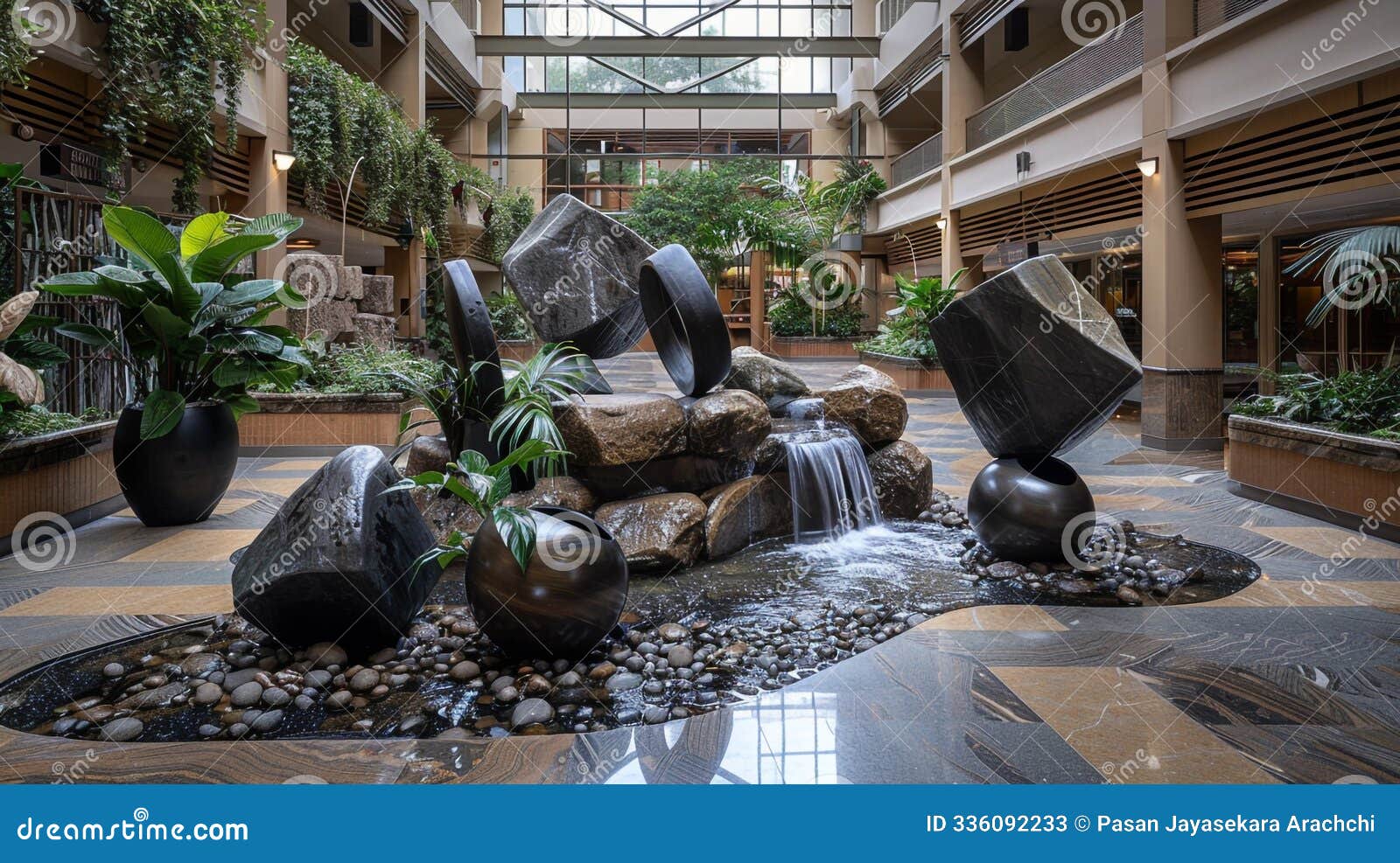 Upscale Hotel Lobby Features Central Atrium with Water Feature and ...