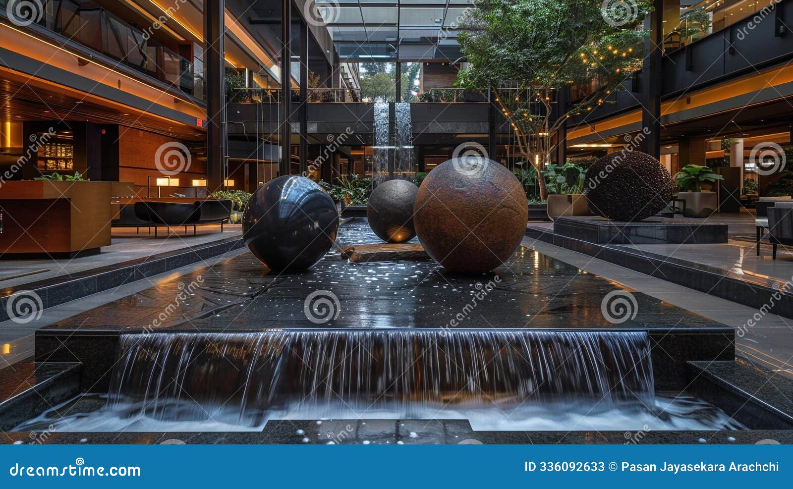 Upscale Hotel Lobby Featuring Central Atrium with Cascading Water ...