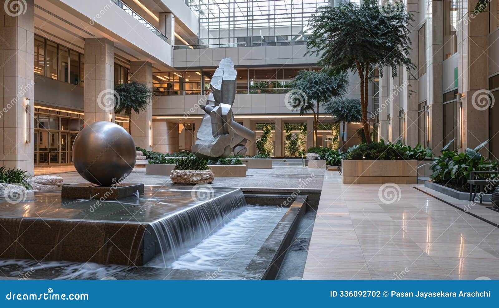 Upscale Hotel Lobby Featuring a Central Atrium with a Cascading Water ...