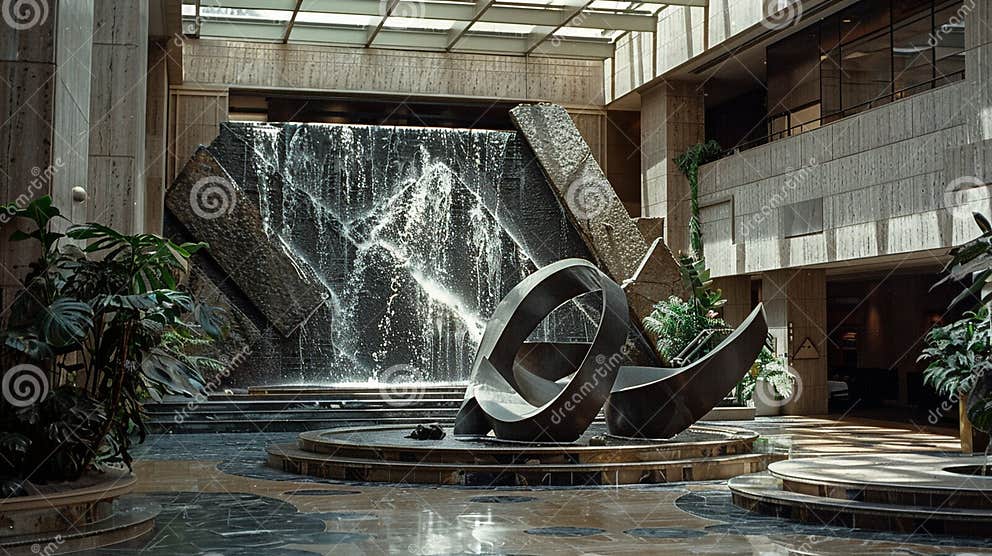 Upscale Hotel Lobby Featuring Central Atrium and Water Feature Stock ...