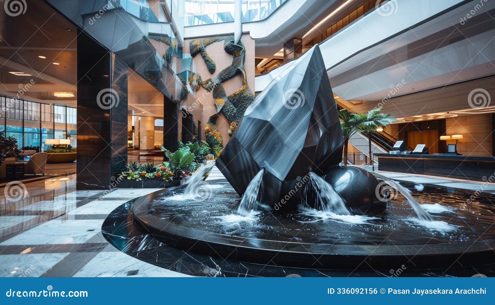 Upscale Hotel Lobby Featuring Central Atrium and Water Feature Stock ...