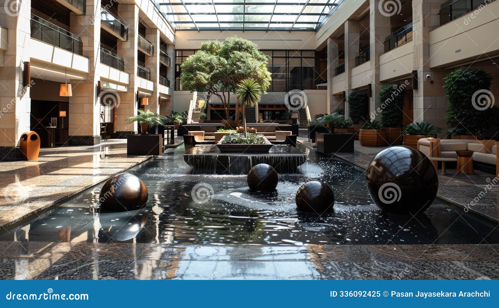 Upscale Hotel Lobby Featuring Central Atrium and Water Feature Stock ...
