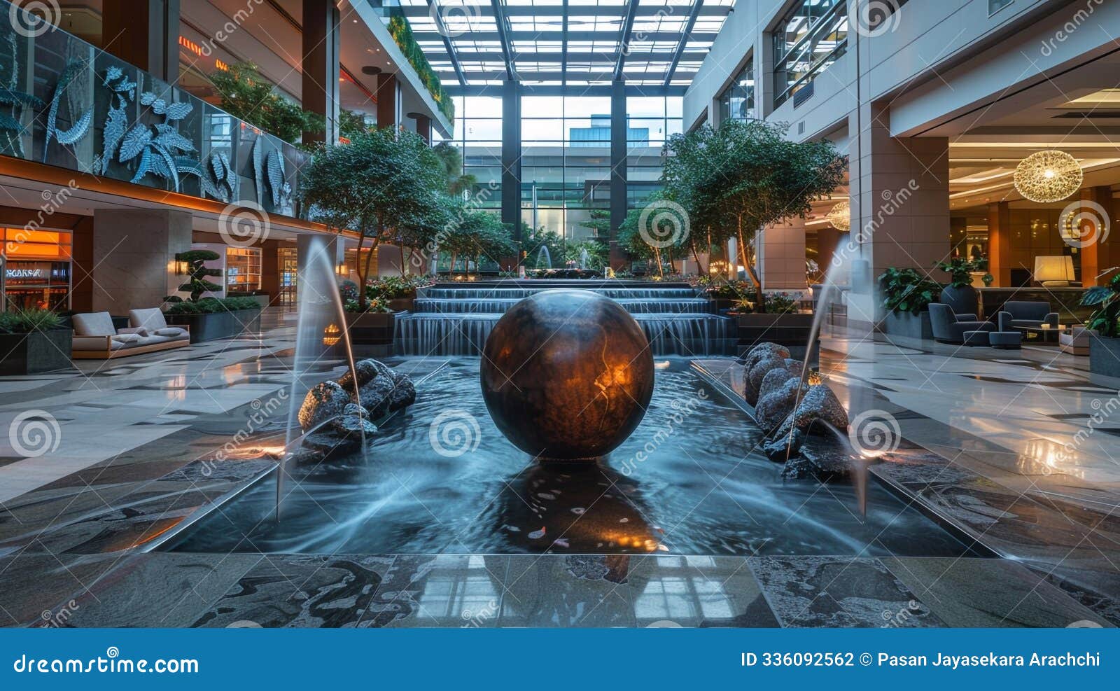 Upscale Hotel Lobby Featuring Central Atrium and Water Feature Stock ...