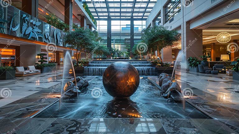 Upscale Hotel Lobby Featuring Central Atrium and Water Feature Stock ...