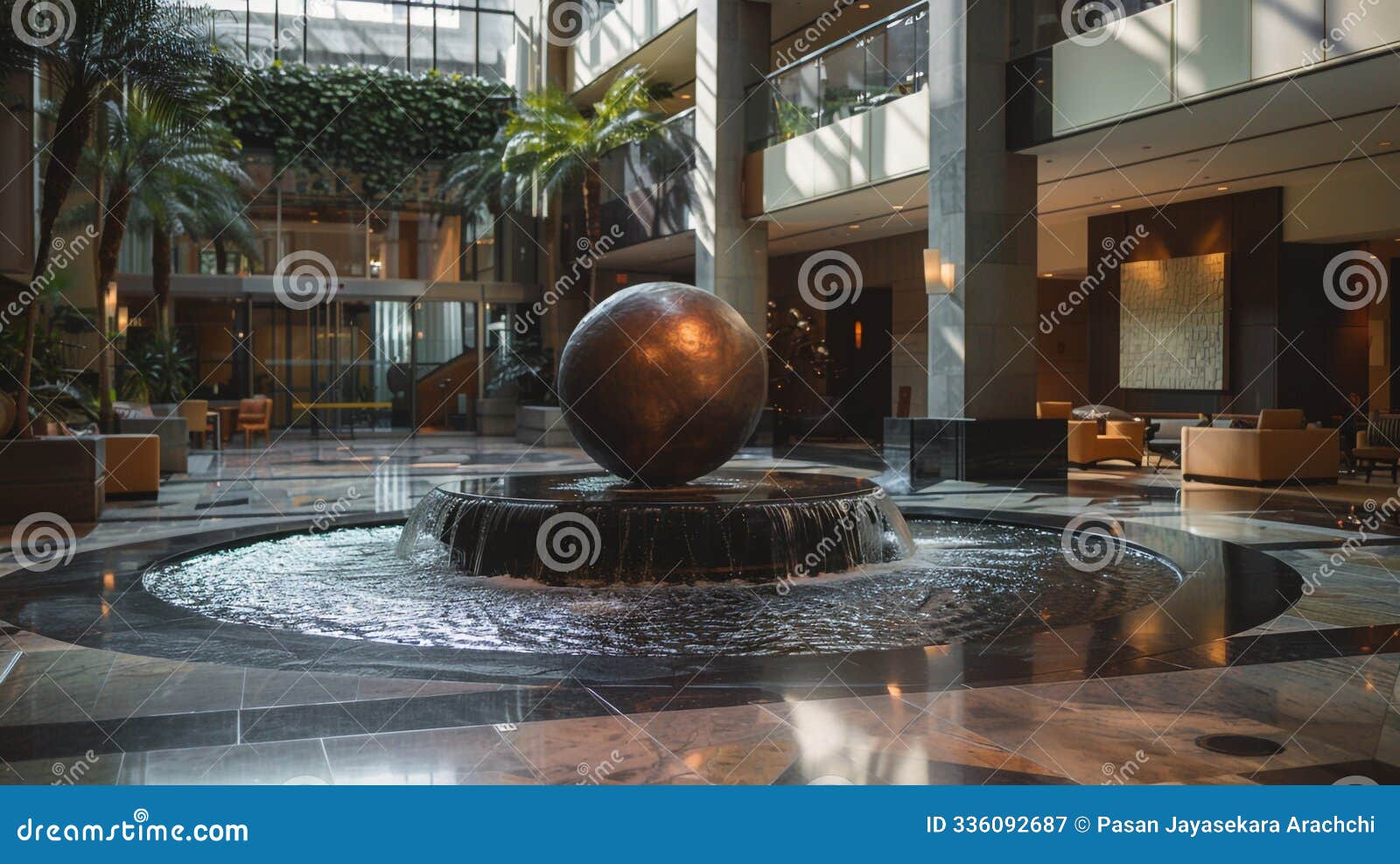 Upscale Hotel Lobby Featuring Central Atrium and Water Feature Stock ...
