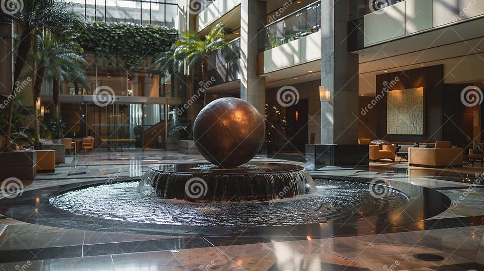 Upscale Hotel Lobby Featuring Central Atrium and Water Feature Stock ...