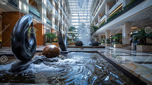 Upscale Hotel Lobby Featuring Central Atrium with Water Feature and ...