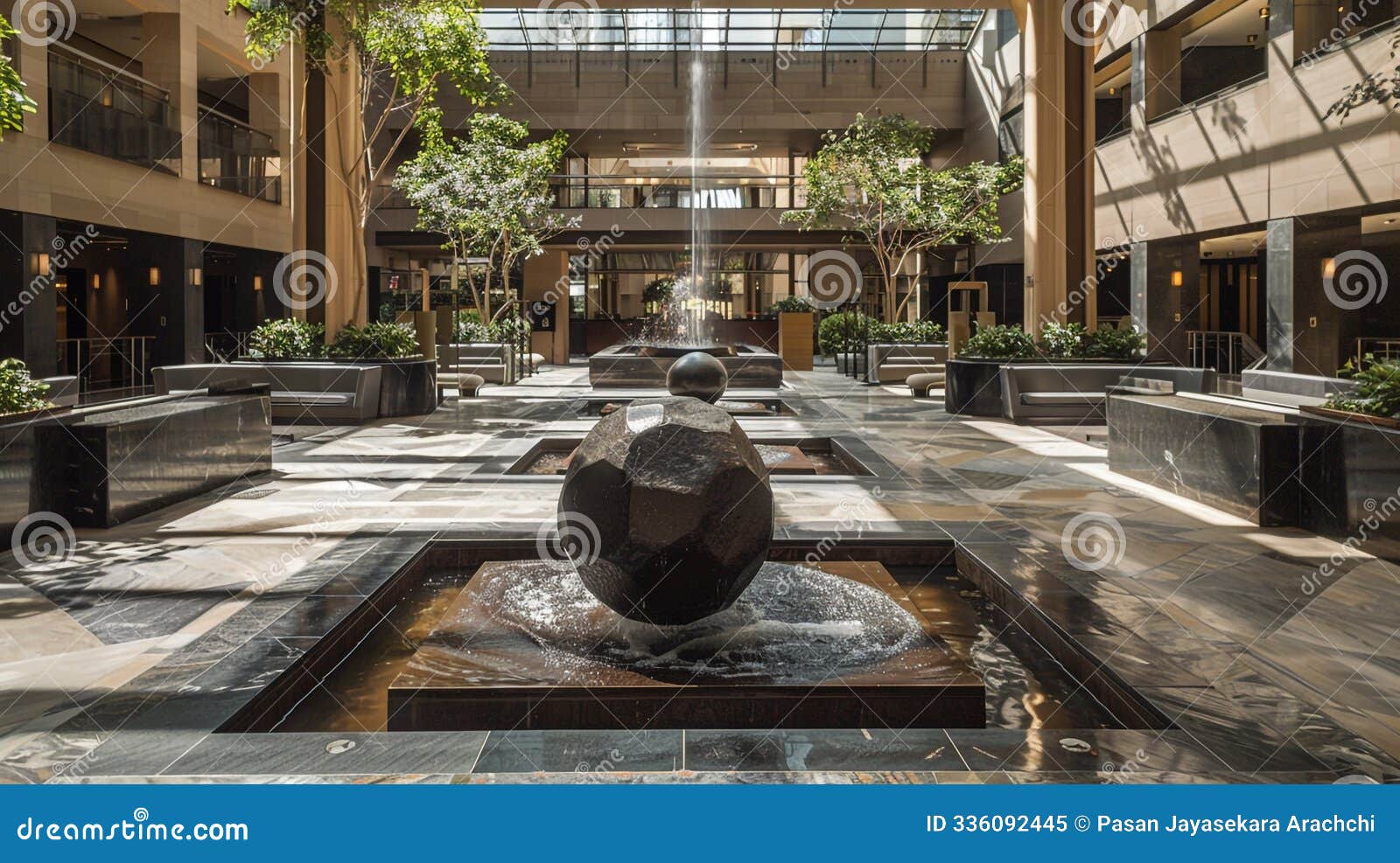 Upscale Hotel Lobby Featuring Central Atrium with Water Feature and ...