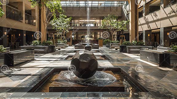 Upscale Hotel Lobby Featuring Central Atrium with Water Feature and ...