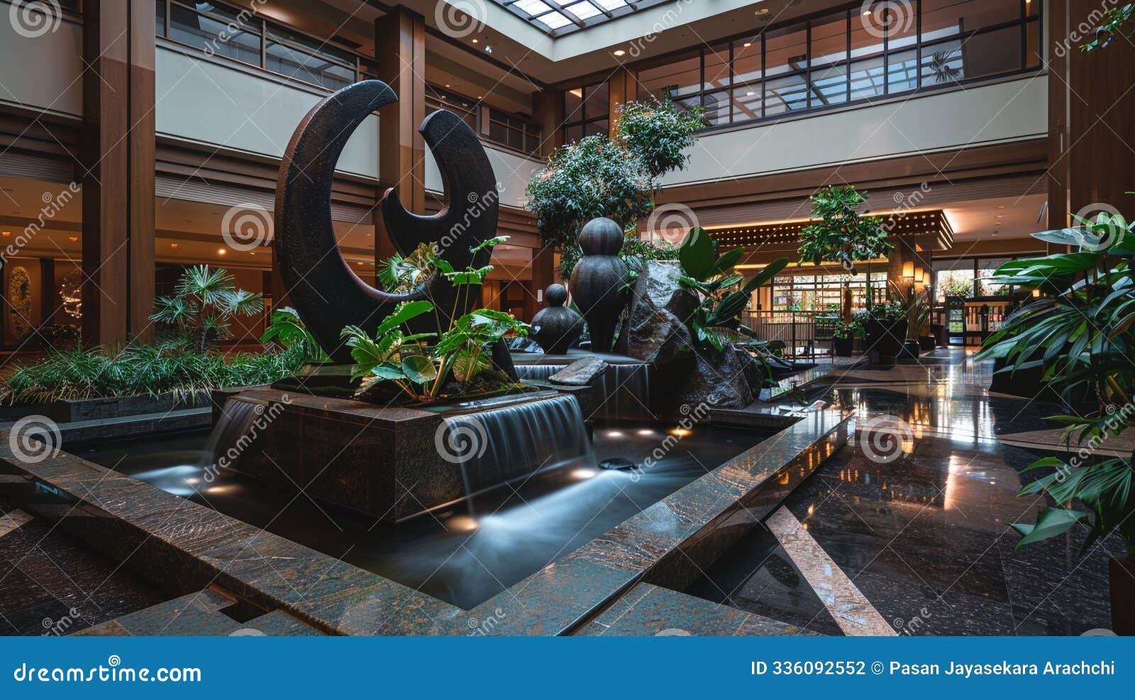 Upscale Hotel Lobby Featuring Central Atrium with Water Feature and ...