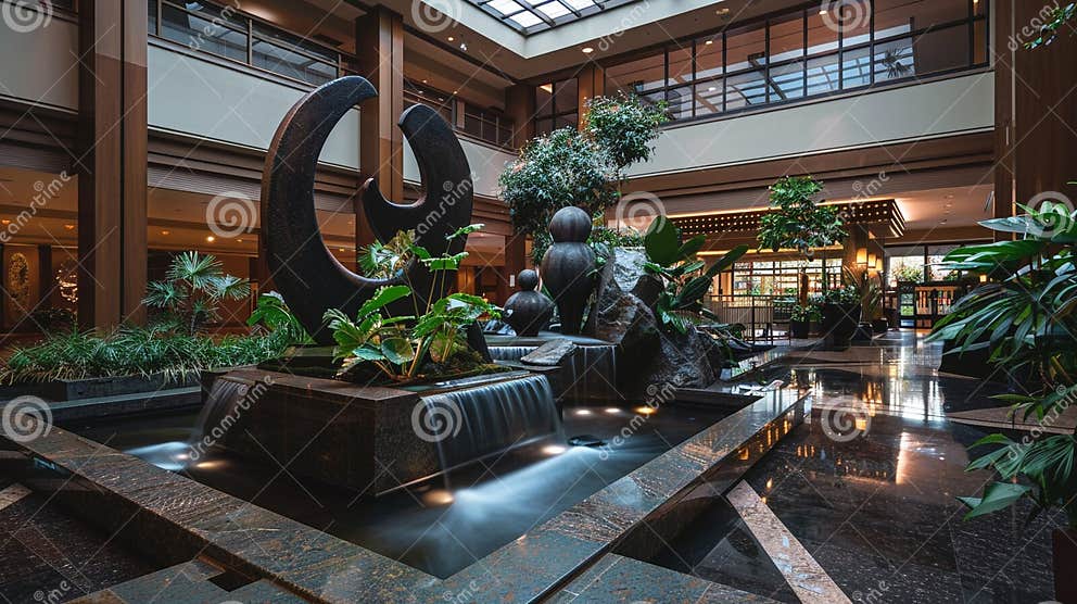 Upscale Hotel Lobby Featuring Central Atrium with Water Feature and ...