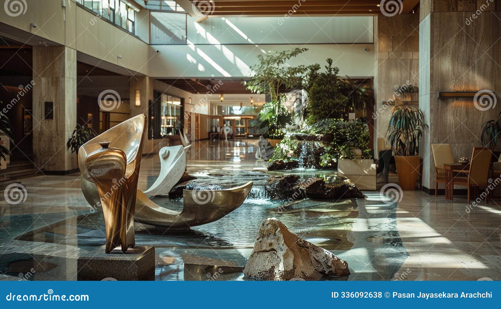 Upscale Hotel Lobby Featuring Central Atrium with Water Feature and ...