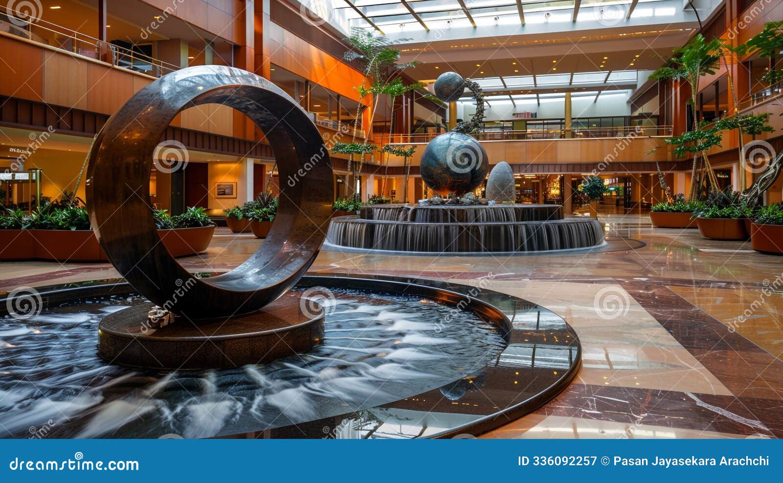 Upscale Hotel Lobby Showcasing Central Atrium and Water Feature Stock ...