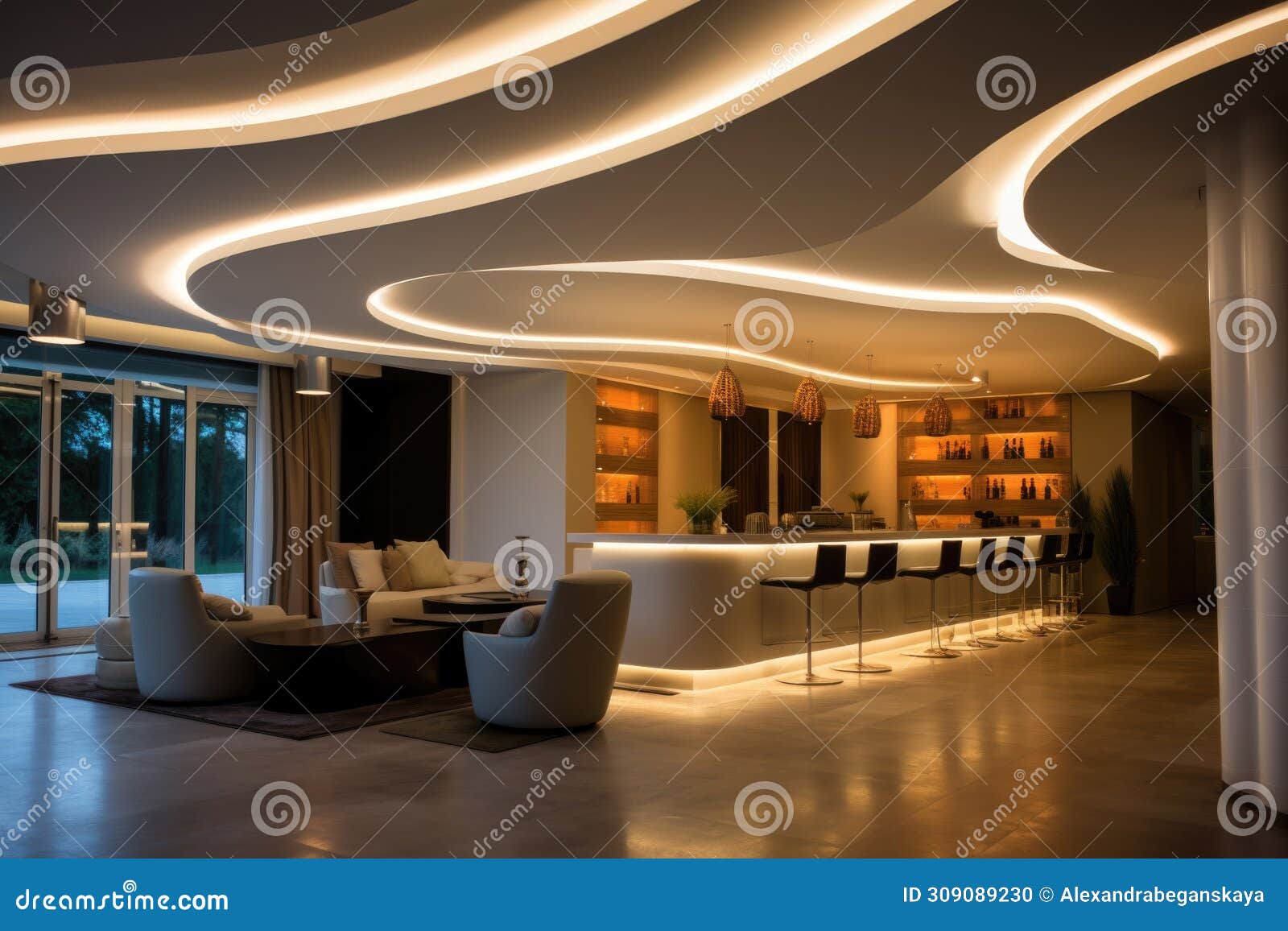 Chic Bar Lounge with Serpentine Lighting Stock Illustration ...
