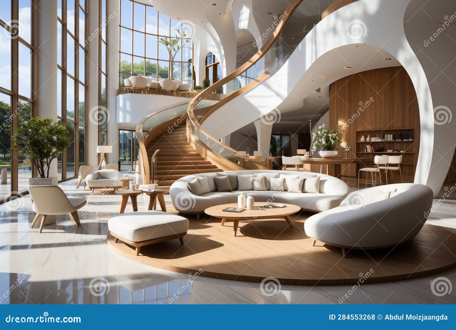 Upscale and Modern Lobby Area with a White and Wood Aesthetic Stock ...