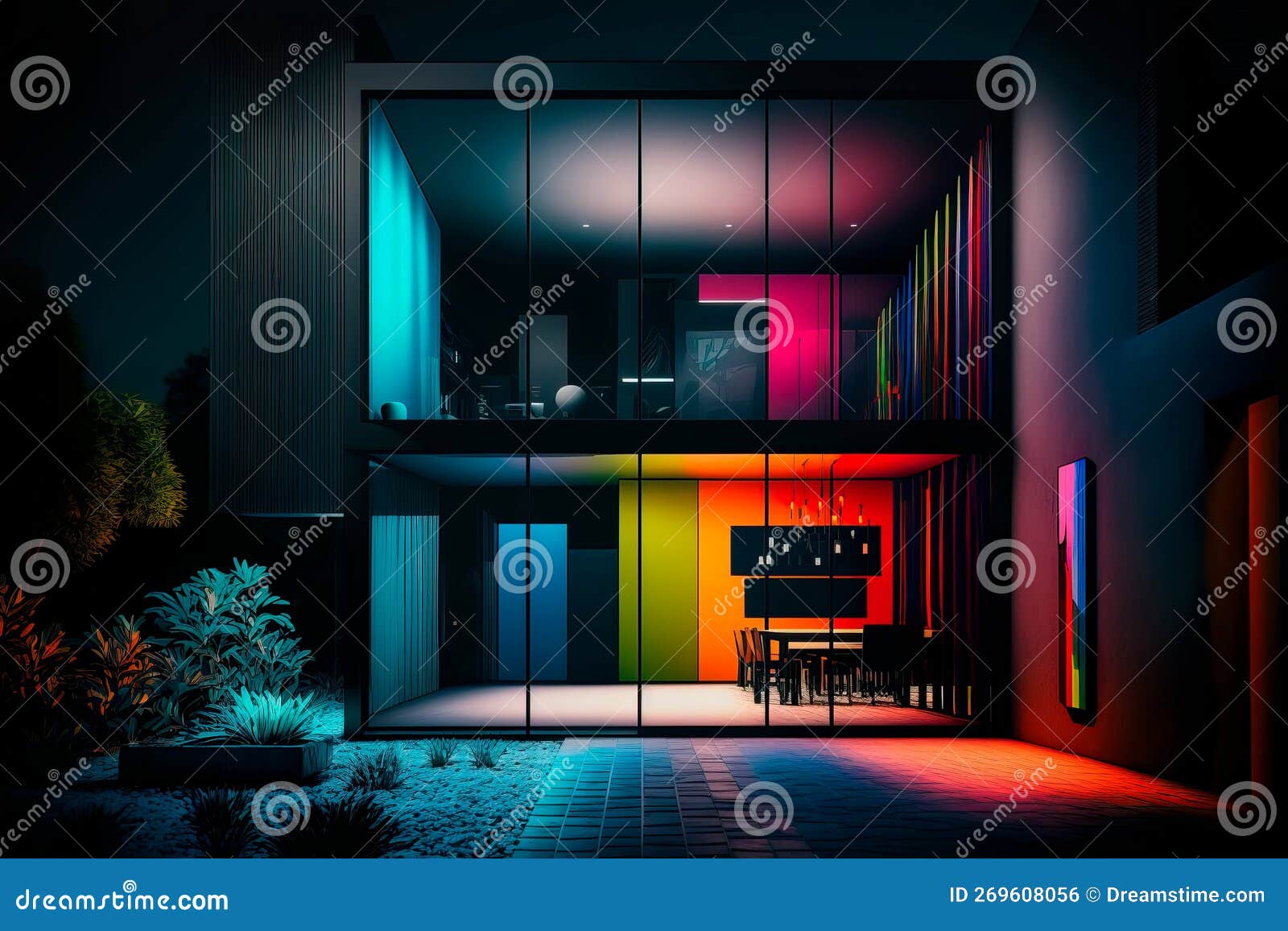 Upscale Modern Mansion at Night Generative AI Stock Illustration ...