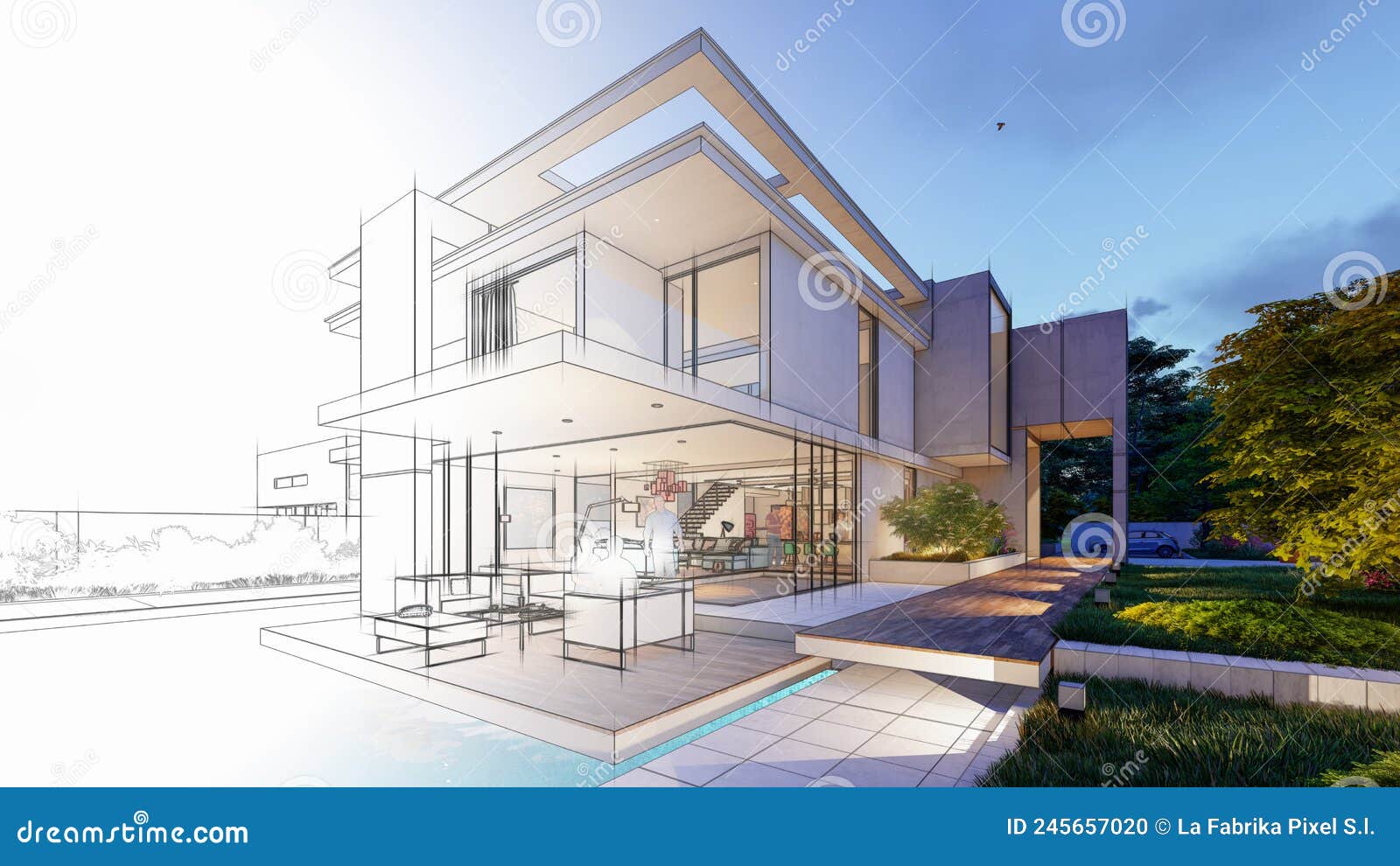 Upscale Modern Mansion with Pool Stock Illustration - Illustration of ...