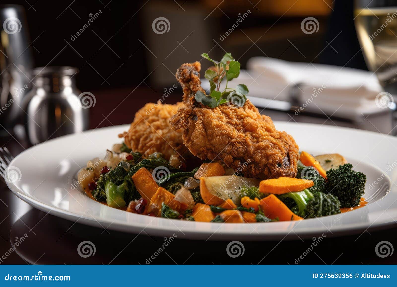 Upscale Restaurant, Featuring Crispy Fried Chicken and Vegetable Medley ...