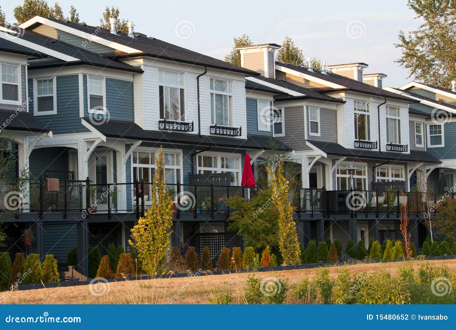 Upscale Townhouses Backing Onto Large Yards Stock Photo - Image of roof ...