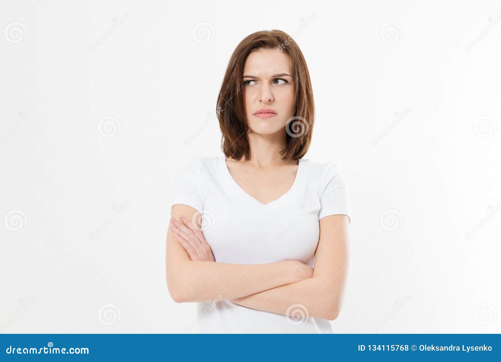 Upset And Angry Girl In White Blank T Shirt Isolated On White Background Sad And Mad Woman With