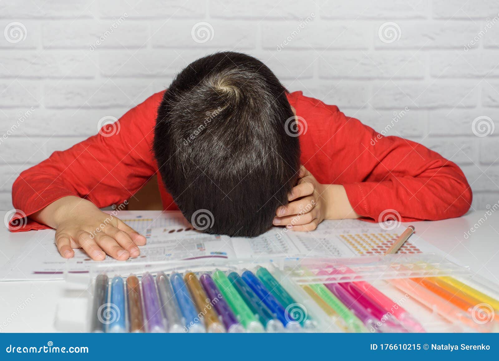 Upset Boring Schoolboy Doing Homework. Education, School, Learning ...