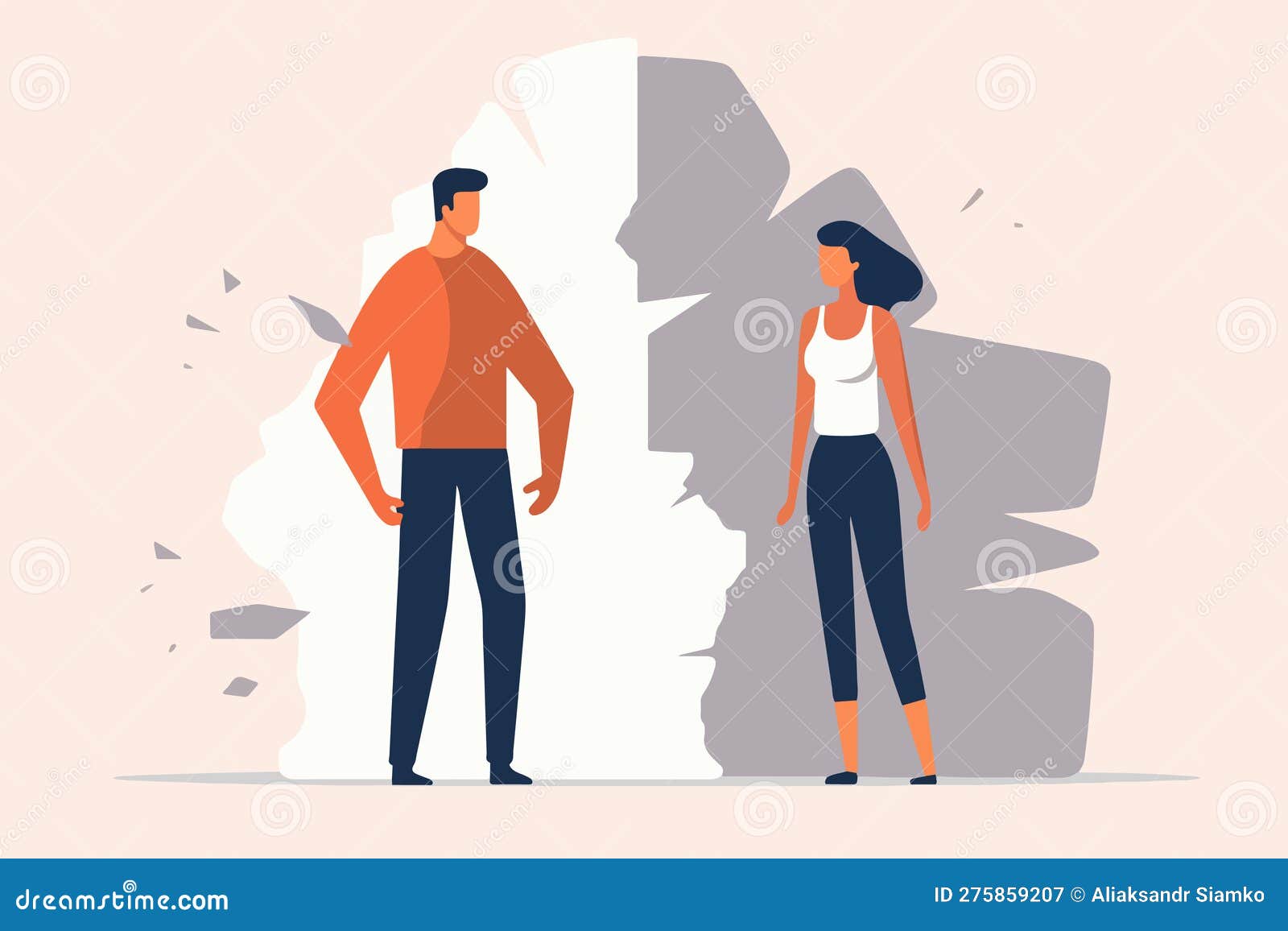 Upset Couple Separated by Wall after Breakup Struggle. Vector ...