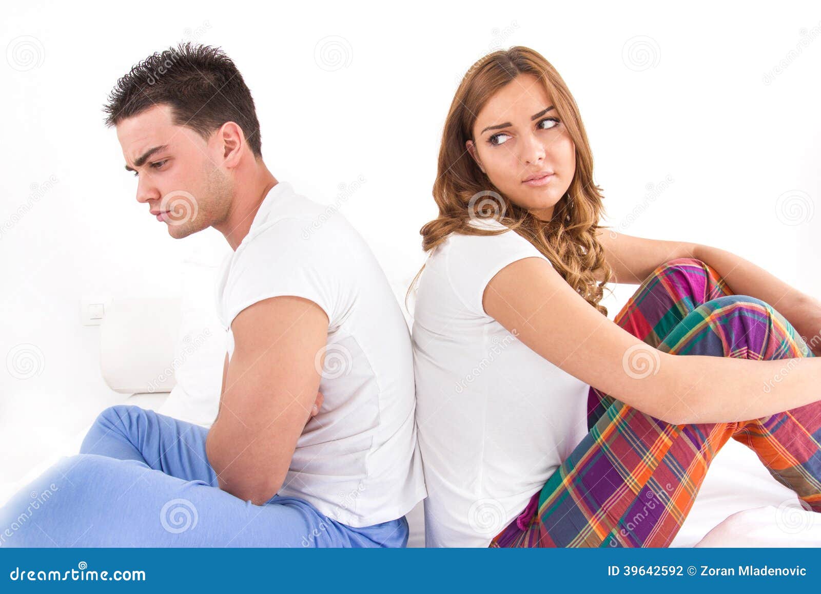 Upset Couple Sitting Separate in a Bed, Having Conflict Problem Stock ...