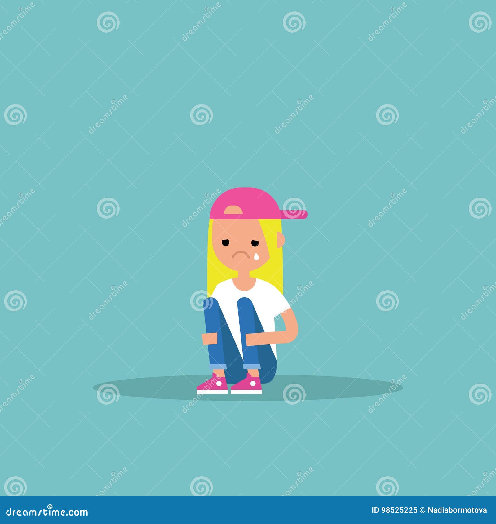 Upset Crying Girl Sitting And Hugging Her Knees Stock Illustration
