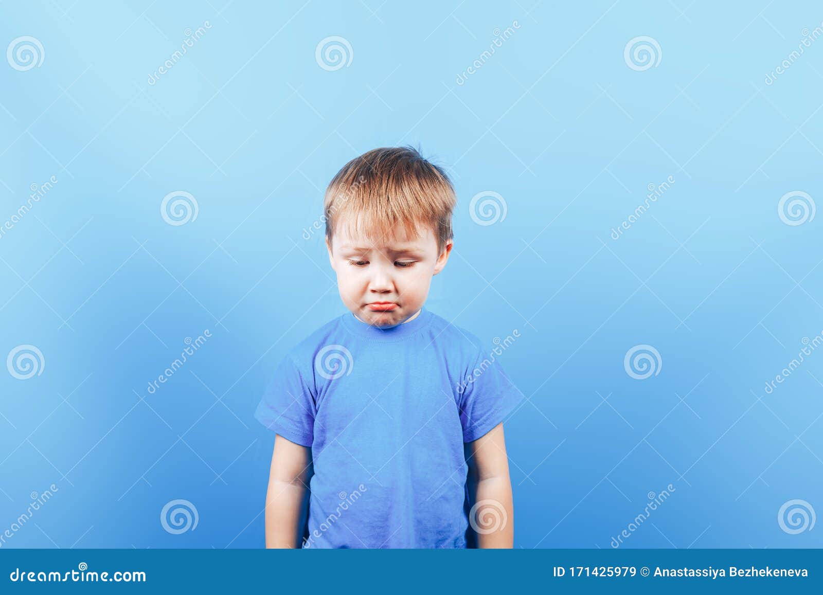 Upset Crying Sad Boy at Blue Background Stock Image - Image of person ...