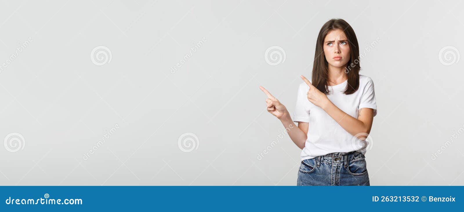 Upset Cute Girl Pointing Upper Left Corner, Express Regret Stock Photo ...
