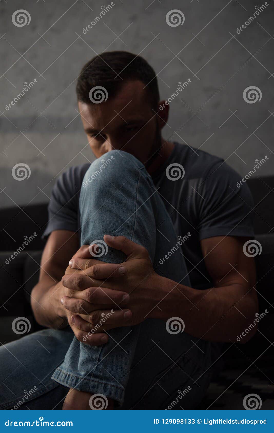 Upset Depressed Man Sitting at Home Stock Image - Image of alone ...