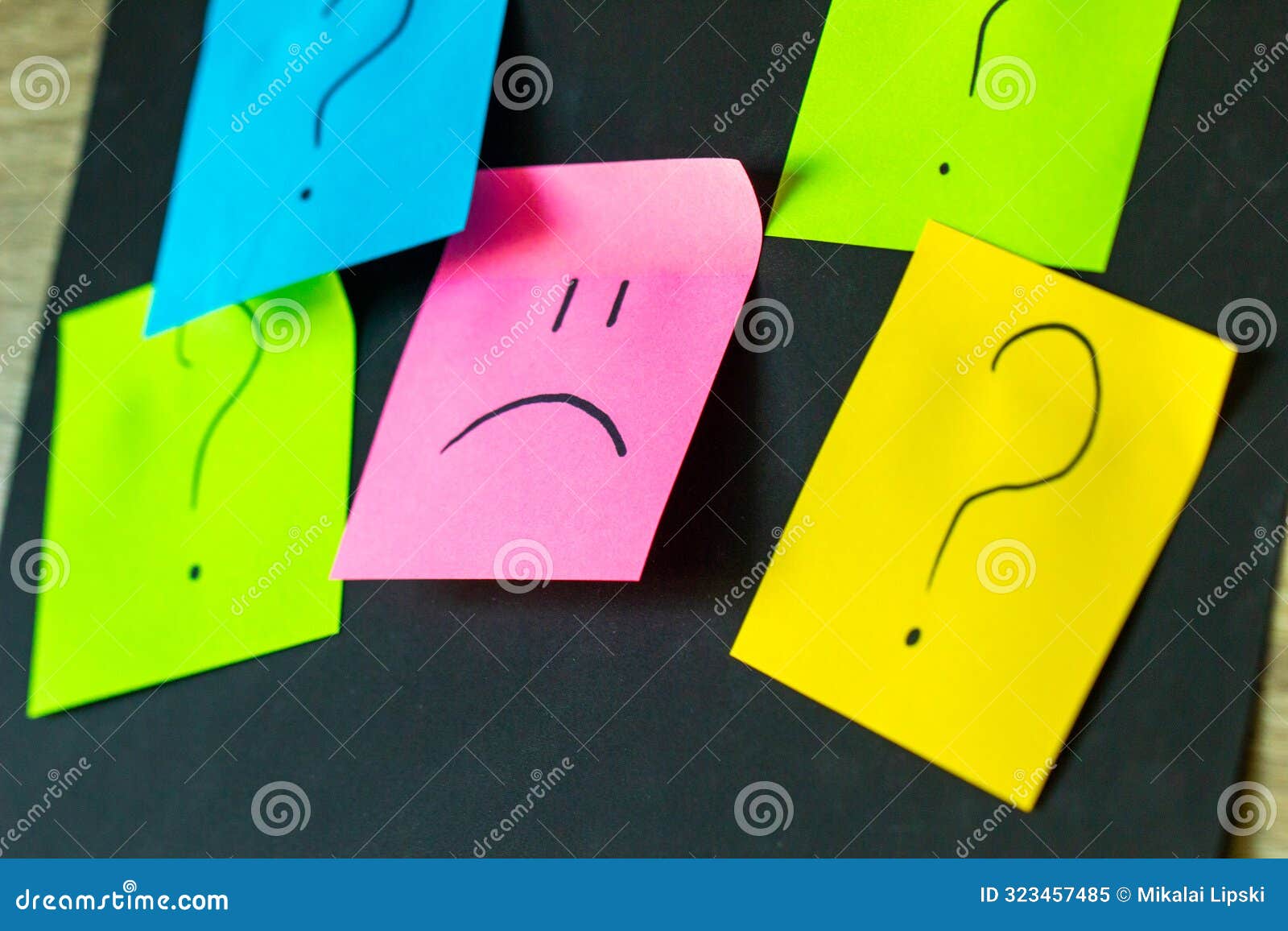 Upset Emoji Surrounded By Question Marks On A Dark Background Royalty ...