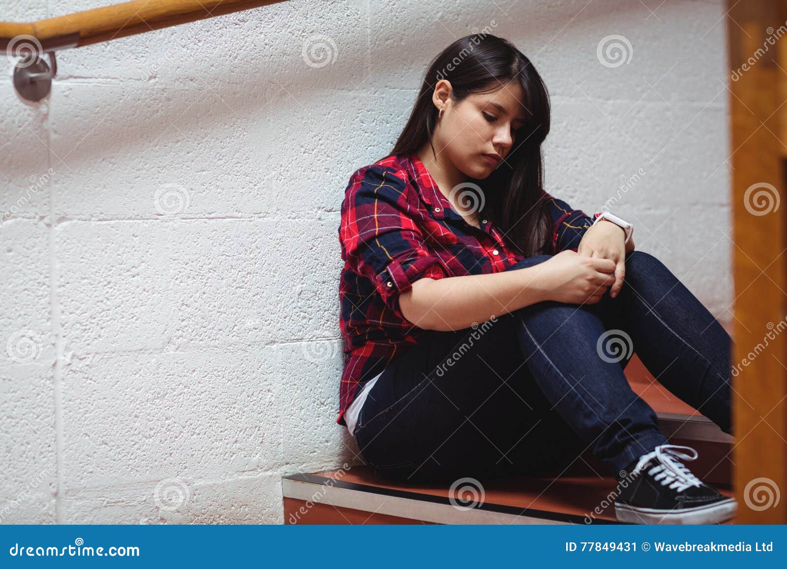 Upset Female Student Sitting on Staircase Stock Image - Image of ...