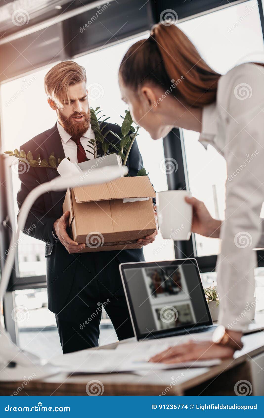 Upset Fired Businessman with Cardboard Box in Office, Boss on ...