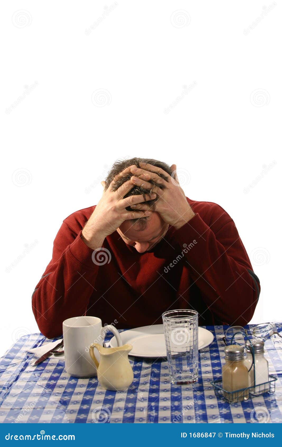 Upset Man at Diner with Hands in Mussed Hair Stock Image - Image of ...